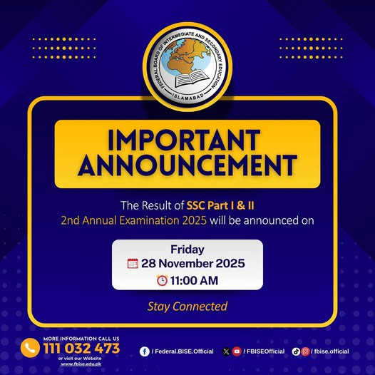 FBISE SSC 2nd Annual Result 2025 Federal Board Part-I & II | www.fbise ...